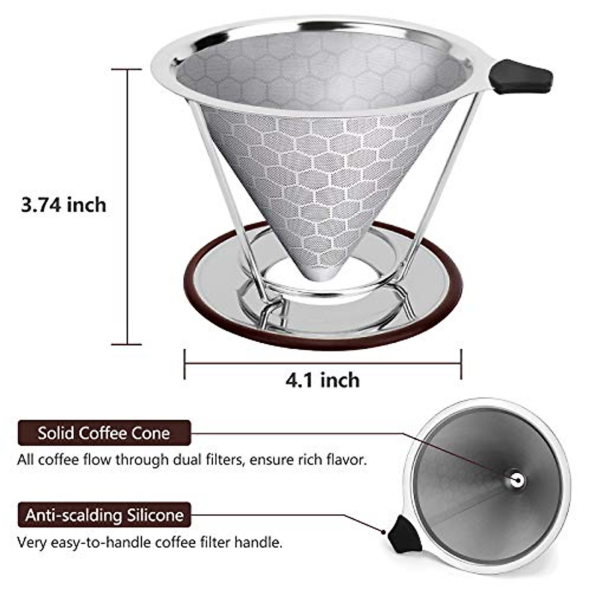 Pour Over Coffee Maker, Stainless Steel Reusable Coffee Filter, Paperless Manual Coffee Cone Filter, Pour Over Coffee Dripper for (1-4 Cup), Fine Mesh Coffee Strainer with Stand and Bonus Brush (1)