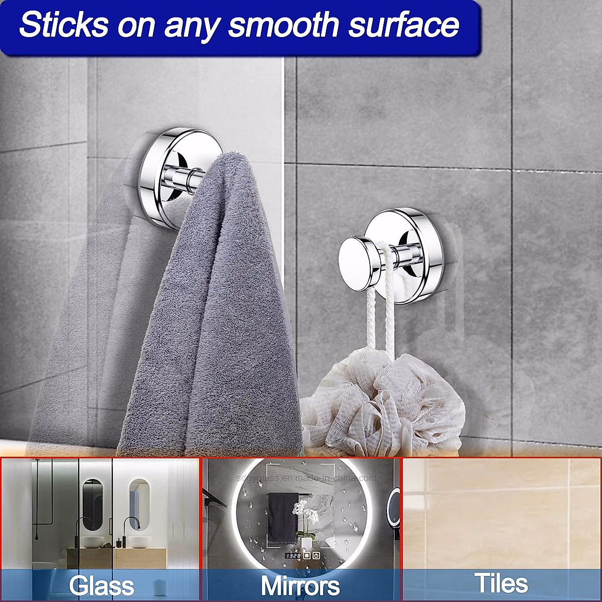 Bntuk Suction Cup Hooks for Shower, Removable Towel Hooks for Bathroom Window Glass Door Wall, Bath Robe Looafh Hook for Hanging - 2 Pack, Chrome