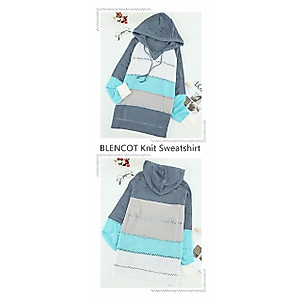 BLENCOT Women's Casual Color Block Hoodies Sweater Long Sleeve Drawstring Pullover Sweatshirts Fashion Knitted Tops Blue M