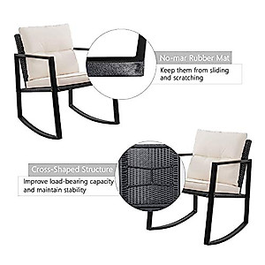 Flamaker Patio Chairs 3 Piece Wicker Rocking Chair Outdoor Bistro Sets with Coffee Table and Cushions Metal Frame Patio Furniture for Porch, Balcony, Lawn (White)