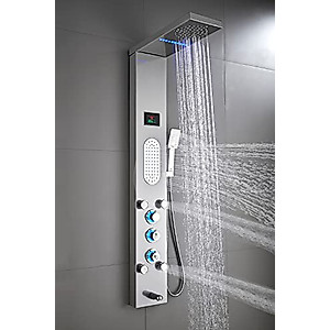 ELLO&ALLO LED Shower Panel Tower System, Rainfall and Mist Head Rain Massage Stainless Steel Shower Fixtures with Adjustable Body Jets, Brushed Nickel