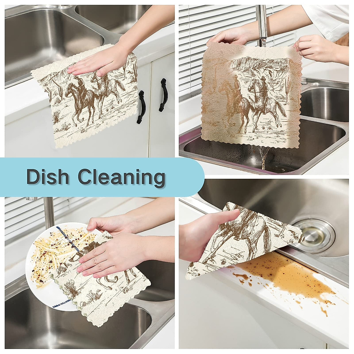 Hand Drawn Brown Retro American Wild West Desert Horse with Cowboy 6 Set Kitchen Dish Towels, Washcloths Cleaning Cloths Dish Cloths, Absorbent Towels Lint Free Bar Tea Soft Waffle Towel 11"x11"