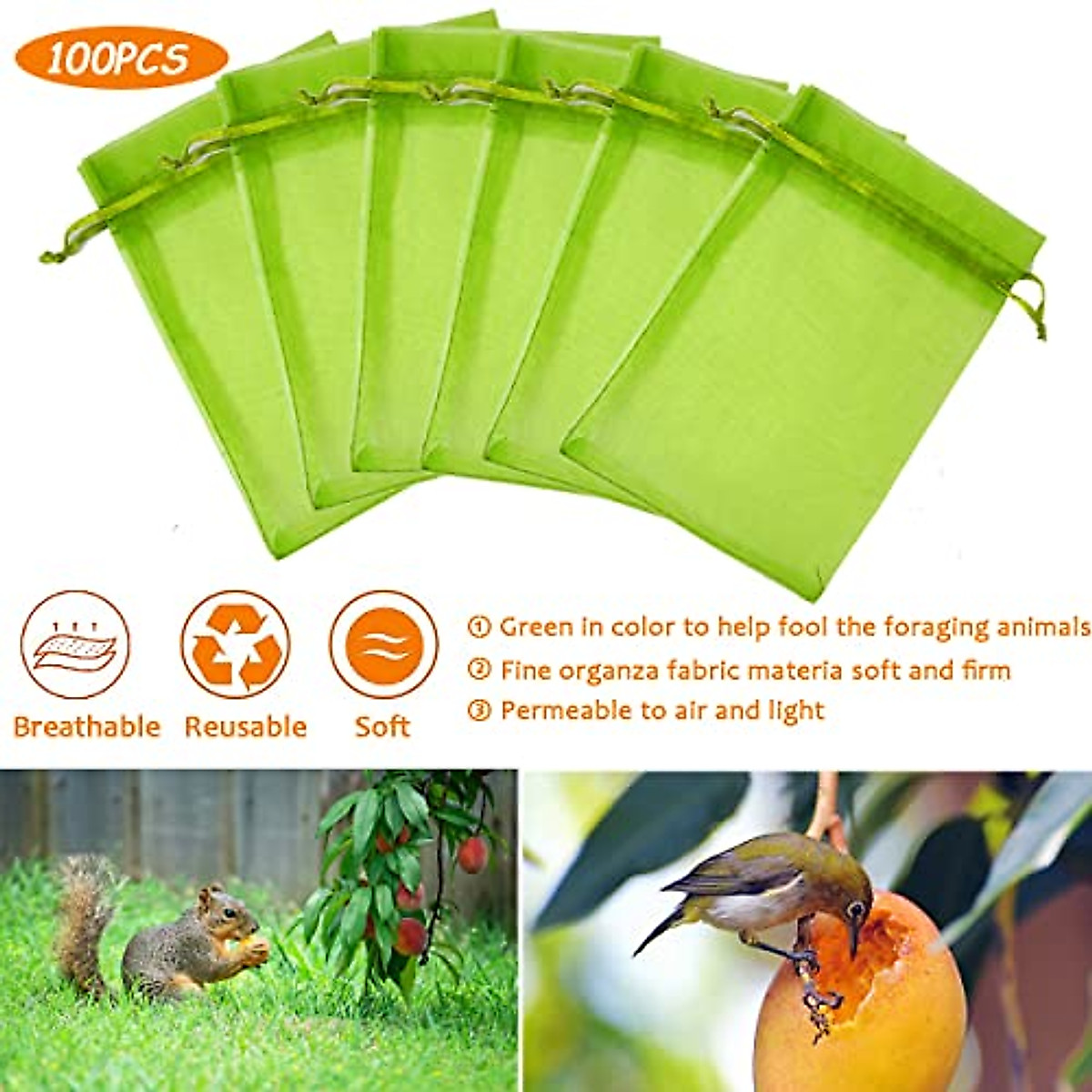Miuezuth 100PCS Fruit Protection Netting Bags for Fruit Trees, 11x8 Inch Garden Mesh Barrier Bags to Protect Plants from Pest Birds Squirrels, Fruit Cover Mesh Bag with Drawstring, Reusable, Green