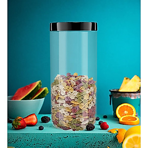 BPFY 6 Pack 50 oz Clear Plastic Jars with Black Lids, Chalk Labels, Pen, Plastic Food Storage Jars, Wide Mouth Kitchen Canisters for Dry Goods, Nuts, Cookie