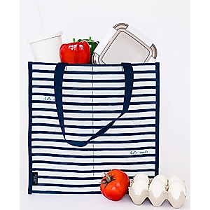 Kate Spade New York Reusable Shopping Bag, Grocery Tote with Shoulder Straps, Large Collapsible Tote, Navy Painted Stripe