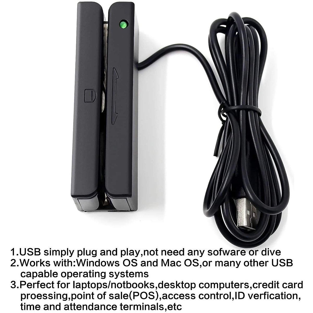 Magnetic Stripe Card Reader USB 3-Track POS Credit Card Reader Swiper Magstripe Swipe Card Reader Membership Card Gift Card Reader Access Control Card Reader Writer