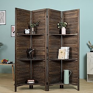 Antique Brown 4-Panels Room Divider w/ Shutter Style & Shelves