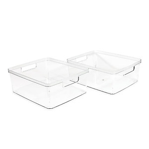 Isaac Jacobs 2-Pack Large Clear Storage Bins (11.5” L x 14” W x 5.5” H) w/Cutout Handles, Plastic Organizer for Home, Office, Kitchen, Fridge/Freezer, Bathroom, BPA Free, Food Safe (Large)
