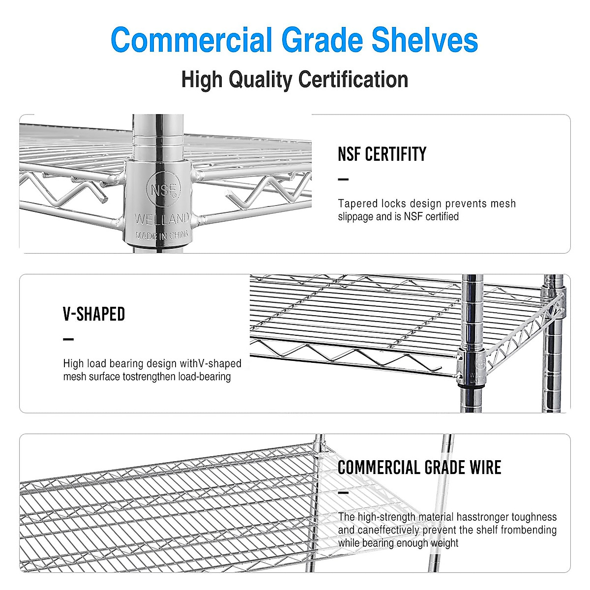 Metal Storage Shelves with Wheels, NSF Shelving Unit 60 X 18 X 72, 1325 Lbs Capacity, 5 Tier Heavy Duty Wire Shelving Rack, Commercial Metal Shelves for Storage, Garage, Pantry, Kitchen, Chrome