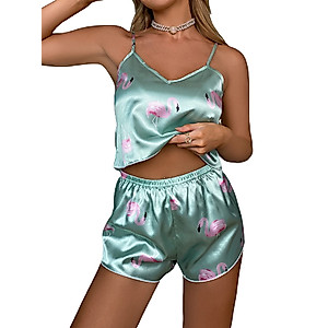 WDIRARA Women's 2 Pc Flamingo Print Satin Cami Tank Top and Shorts Pj Set Loungewear Mint Green XL