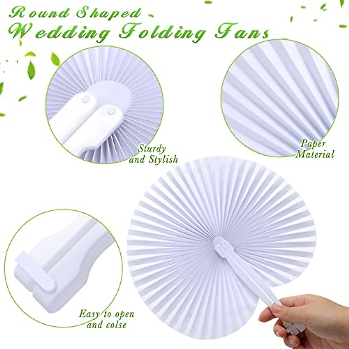 Yulejo White Paper Fans Wedding Fans Round Shaped Folding Fans Plastic Handle for Women Men Guest Wedding Celebration Birthday Party Favor (100 Packs)