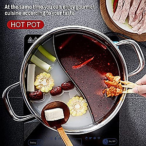 Panghuhu88 11inch Hot Pot with Divider Lid Stainless Steel Shabu Shabu Pot for Induction Cooktop Gas Stove Kitchen Cooker, Dual Sided Soup Cookware with 2 Soup Ladles