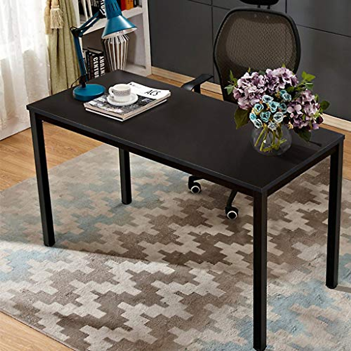 ZHOU2# Home Office Desktop Computer Desk, 55 inch Home Study Writing Table Computer Gaming Table Bedroom Laptop Table, Student Study Workstation Reading Writing Desk PC Laptop Table (Black)