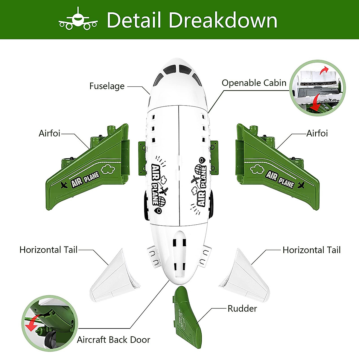 UNIH Airplane Toys Set, Transport Cargo Airplane and 6PCS Mini Army Vehicles, Military Vehicle Play Set Birthday for Kids Toddlers Boys 3 4 5 6 Years Old