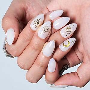 GLAMERMAID White Press On Nails Short Almond, 3D Gothic Handmade Soft Jelly Gel Fake Nails with Golden Star Blossom Design, Round Oval Stick Glue on Nail Kit for Women, Reusable Acrylic False Nail Set