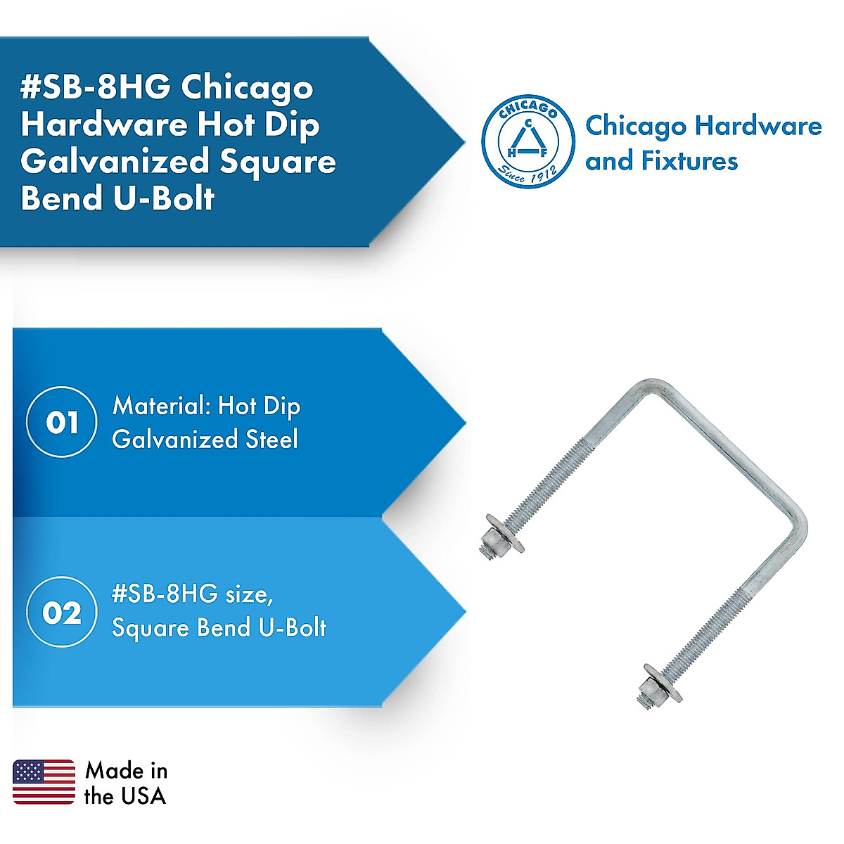 Chicago Hardware, 53440 6, U-Bolt, Square, Low Steel, 3/8-16
