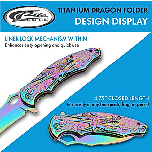 SZCO 8.5” Titanium Finished Rainbow Dragon EDC Folding Knife With Pocket Clip (300580-RB)