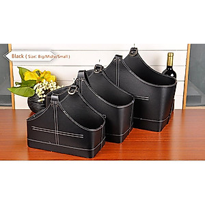 Leather Storage Basket,MDF Structure Wine Flowers Fruits Magazine Holder Rack/Bins,with Top Handle for Holiday Presents Gifts Display (Small, Black)