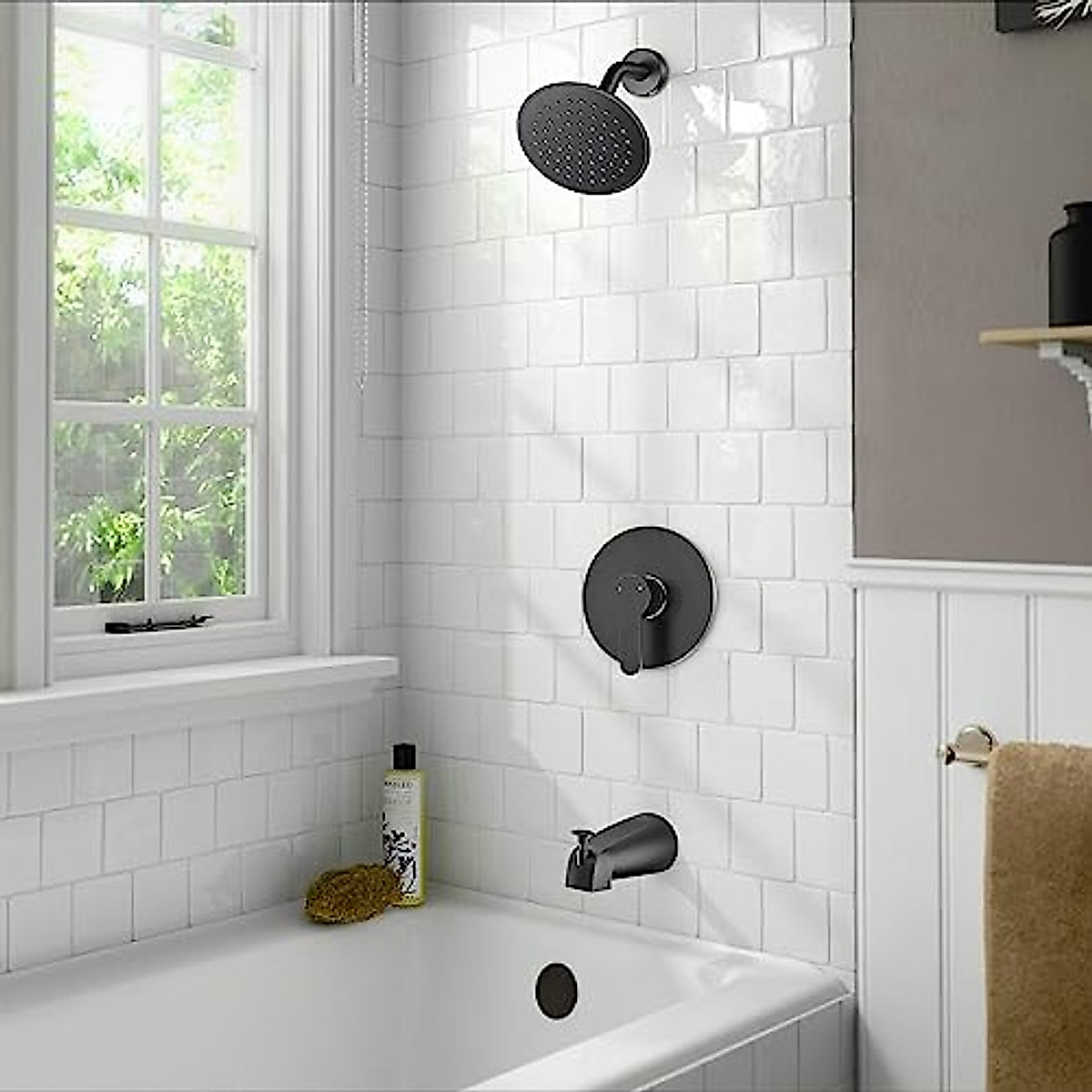 WRISIN Black Shower Faucet Set with Tub Spout, Black Shower Head and Handle Set, Matte Black Shower Fixtures with 6 Inch High-Pressure Rain Shower Head