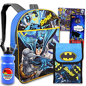 Batman Backpack and Lunch Box Set for Kids Boys ~ 7 Pc Deluxe 16" Batman School Bag, Lunch Bag, Patches, Stickers, and More (Batman School Supplies Bundle)