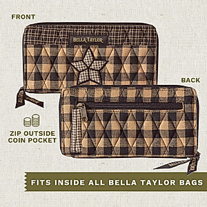 Bella Taylor Slim Card Wallet for Women | Multi Card Zip Around Wallet with RFID Protection | Quilted Cotton Farmhouse Star Black and Tan Cotton Check