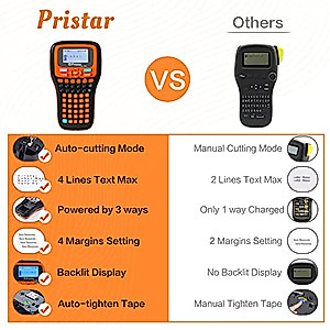 Pristar PS100E Label Maker with 7 Tapes 12mm 0.47 Laminated White, Handheld Labeler with Keyboard, Easy to Use for Tze 3.5-12mm Tapes, Multiple Line Labeling, Home Office Industrial Label Machine
