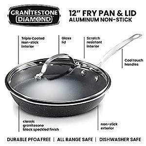 Granitestone Nonstick Fry Pan with Lid, 12-inch Skillet with Glass Cover, Dishwasher Safe, Warp Free and Stay Cool Handles, Black