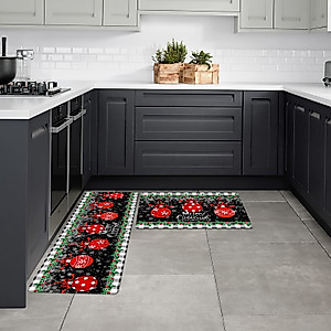 Kitchen Mat Rug Set of 2 Christmas Red Ball Winter Snow Black Buffalo Plaid Runner Rug Anti-Fatigue Comfort Memory Foam Standing Mat Non-Slip Floor Door Mat for Bathroom Bedroom 18x30in+18x60in