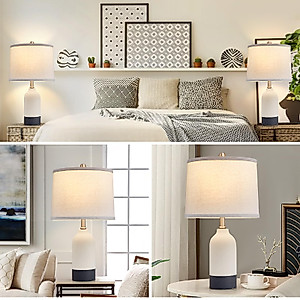 Luvkczc Modern Ceramic Lamps for Bedrooms Set of 2, 3-Color Temperature Table Lamp Bedside Nightstand Desk Reading Lamp with Fabric Drum Shade for Bedroom, Living Room, 2 Bulbs Included (21.4")