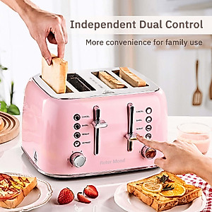 Toaster 4 Slice, Roter Mond Retro Stainless Steel Toaster with Extra Wide Slots Bagel, Defrost, Reheat Function, Dual Independent Control Panel, Removable Crumb Tray, 6 Browning Levels, Pink