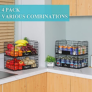 4 Pack XXL Stackable Wire Baskets with Handles for Pantry Storage and Organization,Fruit and Vegetable Basket with Name Plates,Metal Storage Bins for Snack Can Fruit Veggies