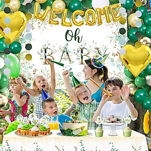 Sage Green Baby Shower Decorations, Neutral Baby Shower Party Decorations for Boy Girl with Oh Baby Backdrop, Tablecloth, Cake Topper, Balloon Garland, Dots Banner for Woodland Safari Gender Decor