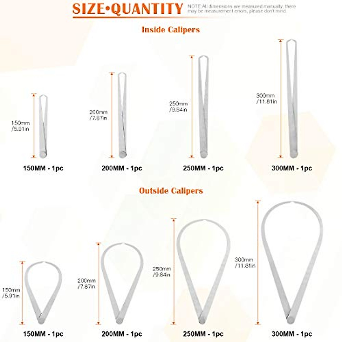 Rustark 8 Pcs Stainless Steel Long Firm Joint Metal Measurement Kit with Bent-Leg and Straight-Leg Inside Outside Caliper Tools Set for Measuring Pottery Clay Ceramic Sculpture(12" 10" 8" 4")