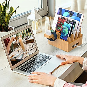 Bamboo Charging Station for Multiple Devices with 5 Port USB Charger, 6 Cables and Smart Watch & Earbuds Stand. Pezin & Hulin Desk Docking Stations Electronic Organizer for Cell Phone, Tablet