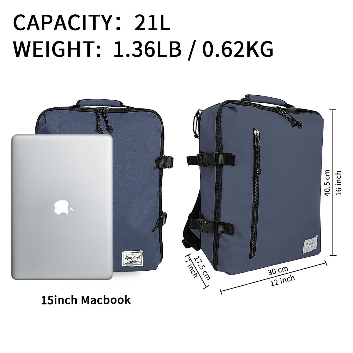 Rangeland Small Carry-on Personal Item Backpack with luggage strap, Laptop Backpack for Men and Women, Business Travel Gym Sport, Pewter