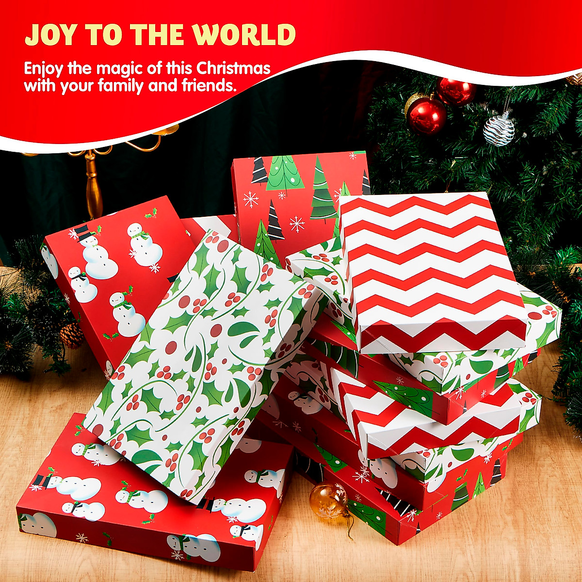 JOYIN 12 Pcs 14" x 9.5" x 2" Christmas Tone Shirt Wrap Boxes ​with Lid and Base, Clothes, Wrapping Robe Boxes,Gift Boxes, Xmas Goody Gift Boxes for Christmas, Birthdays, Wedding, 4 Designs