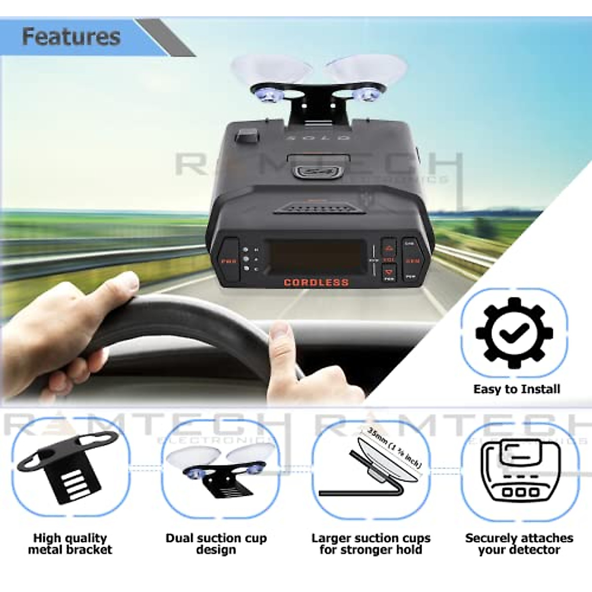 Ramtech Car Windshield Mount with Suction Cup Holder for Radar Laser Detector, Compatible with Escort Solo S2 S3 S4 4 5 RD-5110 / Redline, WMLD