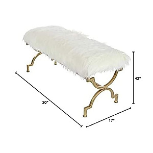 Deco 79 Metal Bench with White Faux Fur Top, 42" x 17" x 20", Gold
