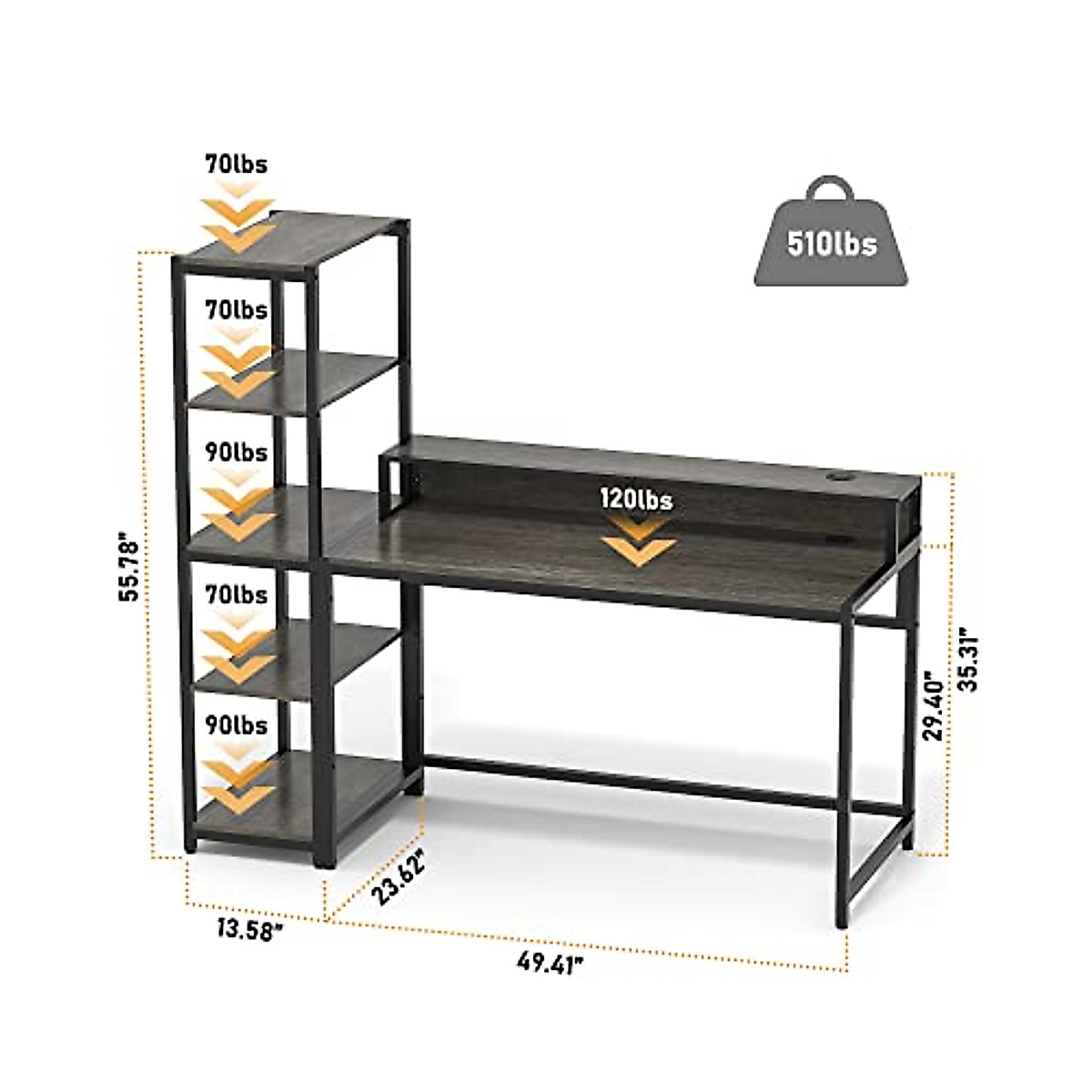 Teraves Computer Desk with 5 Tier Shelves,Reversible Writing Desk with Storage 49 Inch Study Table for Home Office Independent Bookcase and Desk for Multiple Scenes (Desk+Shelves, BOAK)