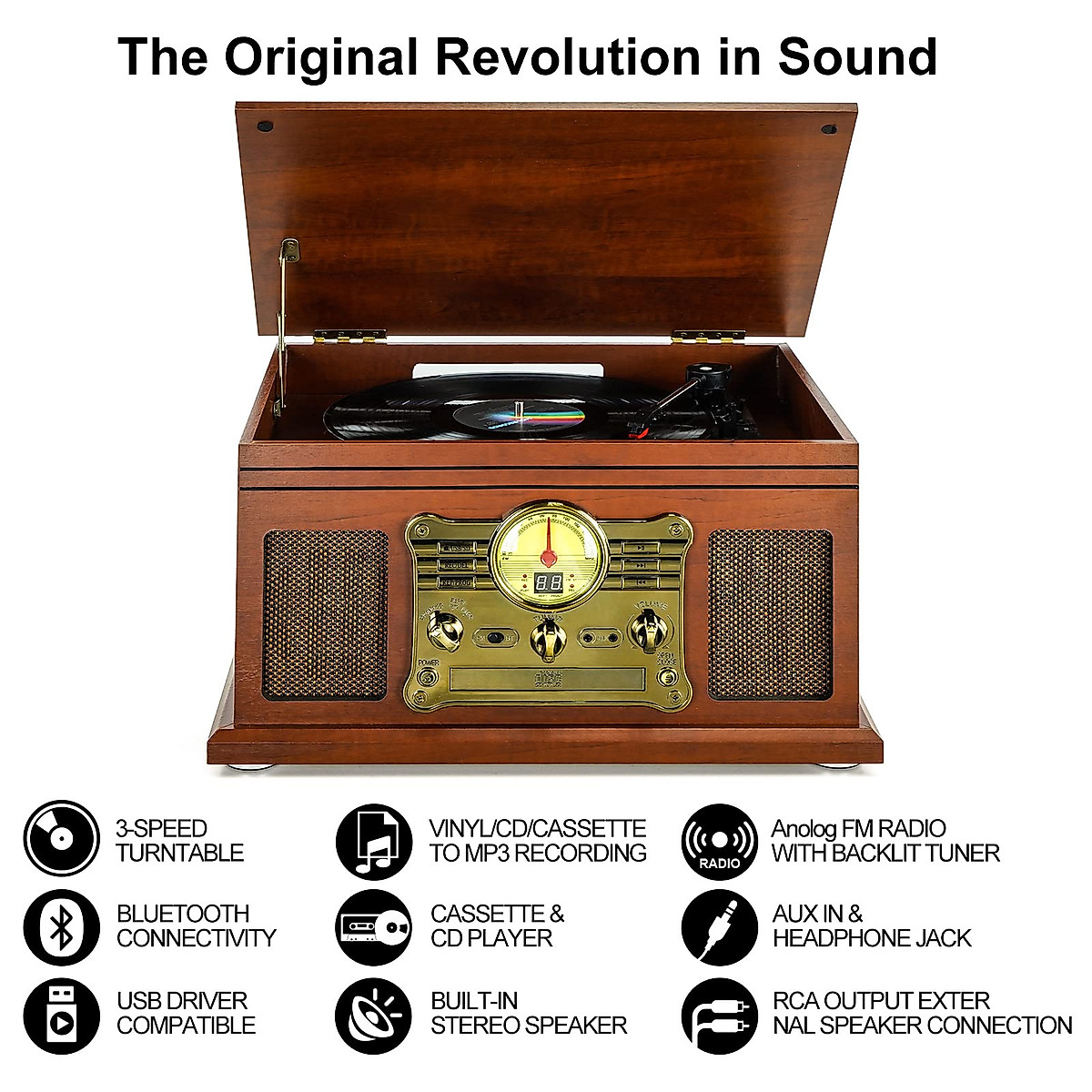 3-Speed Bluetooth Turntable with Stereo Speakers, CD/Cassette Player, FM Radio and Wireless Music Streaming - Mahogany