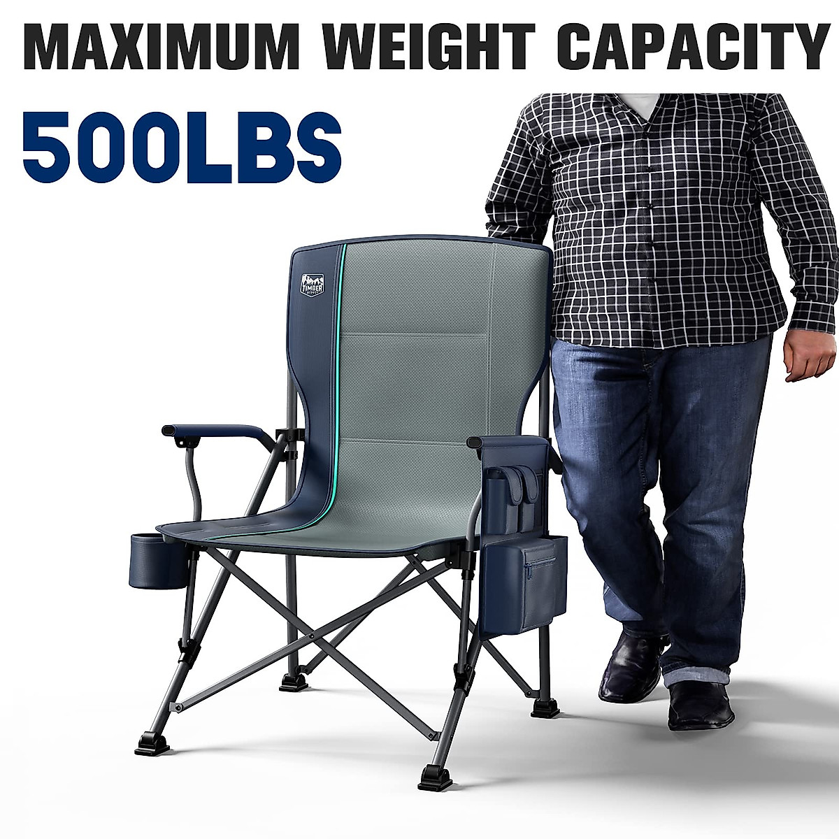 TIMBER RIDGE Oversized Folding Camping Chair High Back Heavy Duty for Adults Support up to 500lbs with Cup Holder, Side Pocket Cooler Bag