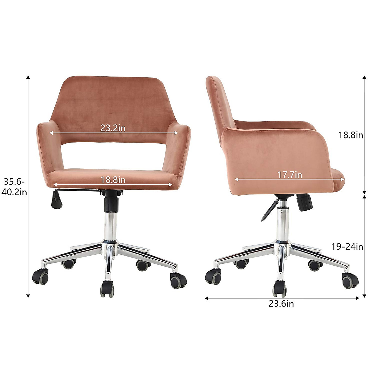 Velvet Fabric Home Office Chair with Open Back Upholstered Swivel Desk Chair with Arms and Adjustable Height for Small Spaces Home Office Living Room Bedroom Pink