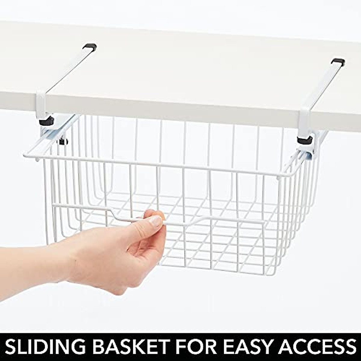 mDesign Compact Hanging Pullout Drawer Basket - Sliding Under Shelf Storage Organizer - Metal Wire - Attaches to Shelving - Easy Install - for Kitchen, Pantry, Cabinet - 2 Pack - White