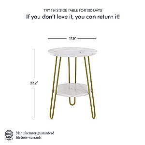 Nathan James Alexis Round Modern Side Accent, End Table with Metal Legs and Faux-Marble Tabletop for Living Bedroom and Nursery Room, 18D x 18W x 22H in, White/Gold