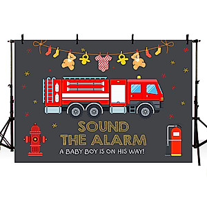 MEHOFOND Fire Truck Boy Baby Shower Photo Backdrop Firetruck Sound The Alarm Firefighter Little Fireman Red and Black Party Decorations Photography Background Banner for Dessert Table Supplies 7x5ft