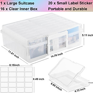 Haundry Photo Storage Box with 16 Inner 4" x 6" Photo Case, Portable Storage Organizer with Handle Craft Keeper for Picture, Stickers, Stamps, Screws, Hair Clips, Clear