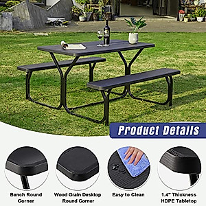 Haddockway Picnic Table Bench Set Patio Camping Table with All Weather Metal Base and Plastic Table Top Outdoor Dining Garden Deck Furniture for Adult Black