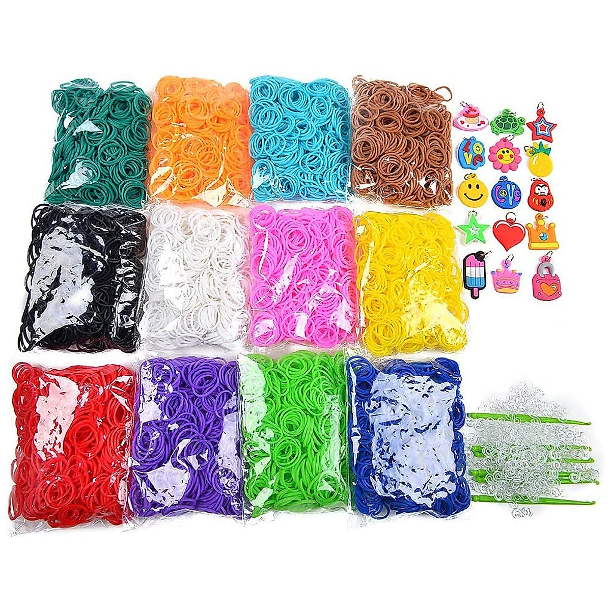 5400+ Colorful Rubber Bands Refill Set Includes: 4800+ Premium Quality Loom Rubber Bands in 12 Unique Colors + 300 S-Clips + 15 Lovely Charms + 6 Crochet Hooks, No Loom Board Include.