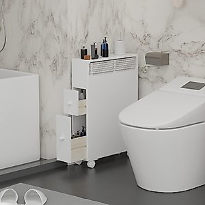 MASAKA B&W Bathroom Organizers and Storage,Slim Bathroom Storage Cabinet,Toilet Paper Storage, Movable Bathroom Storage Cabinet with 2 Drawers and Shelf, Corner Shelves, Side Storage Organizer Toilet