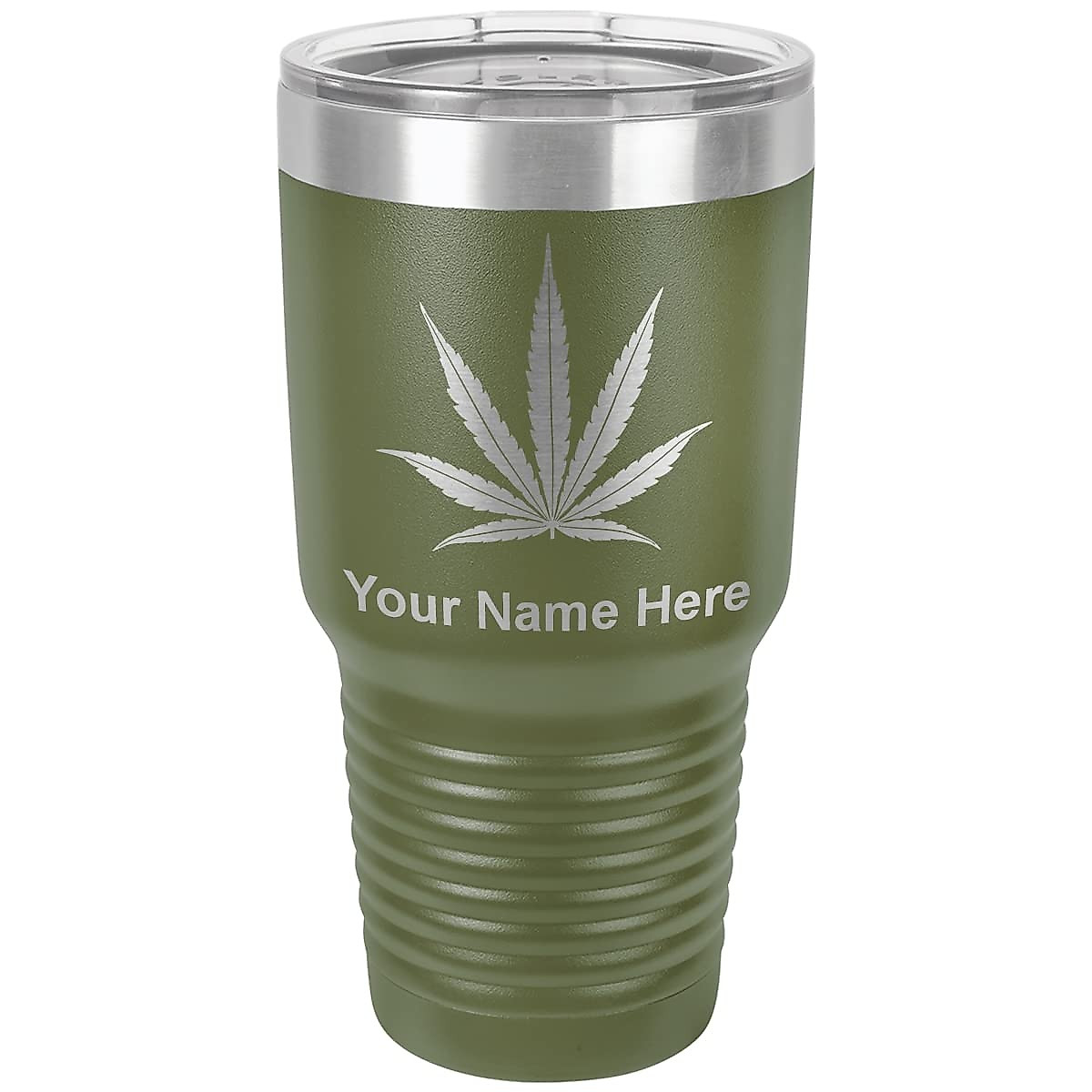 LaserGram 30oz Vacuum Insulated Tumbler Mug, Marijuana leaf, Personalized Engraving Included (Camo Green)
